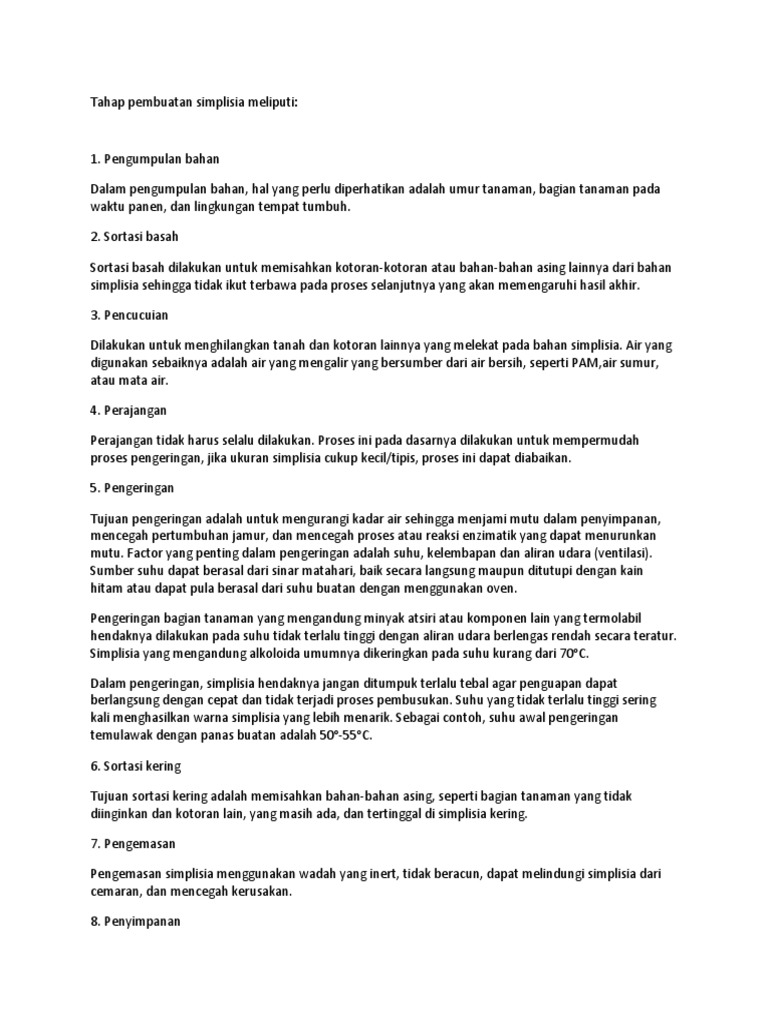 Tahap Pembuatan Simplisia Meliputi | PDF