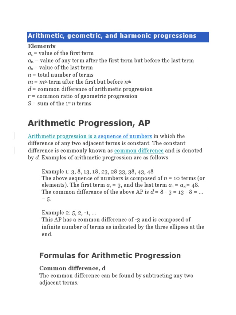 Arithmetic Progression, AP: Arithmetic, Geometric, and Harmonic Progressions | PDF | Summation ...