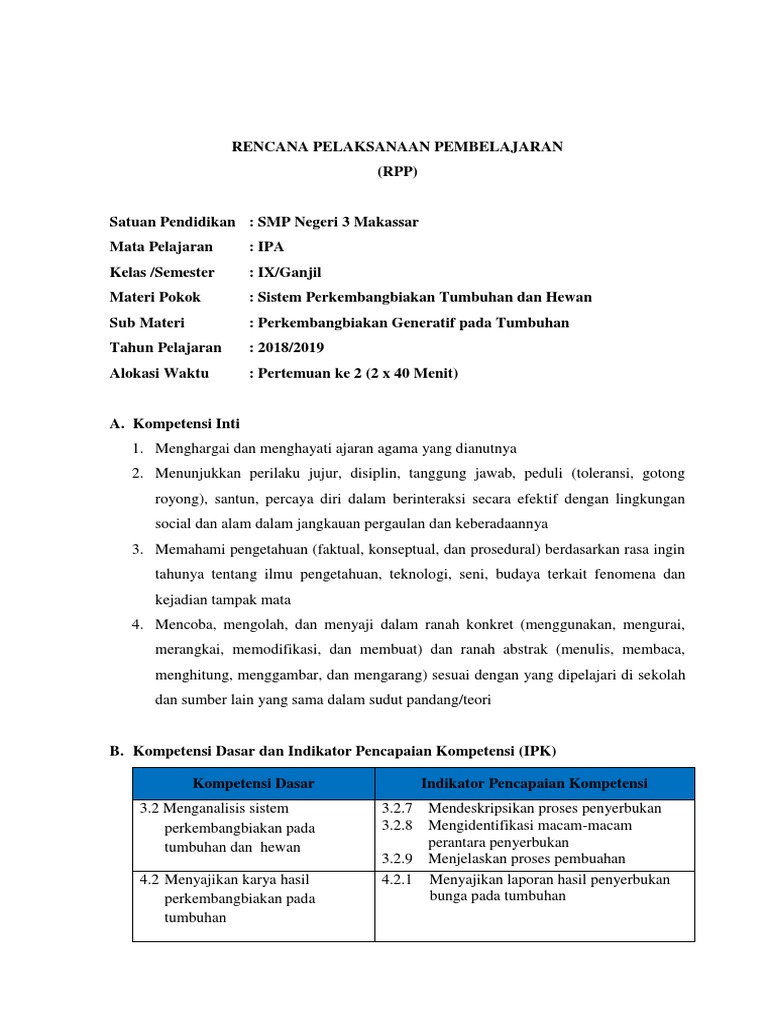 RPP 3.2 Sistem Perkembangbiakan Pada Tumbuhan Dan Hewan Fix | PDF