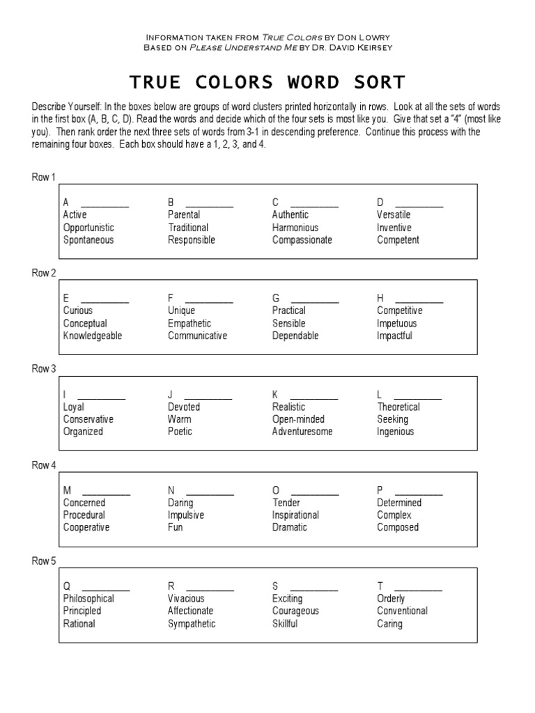True Colors Word Sort | PDF | Neuropsychological Assessment | Cognition