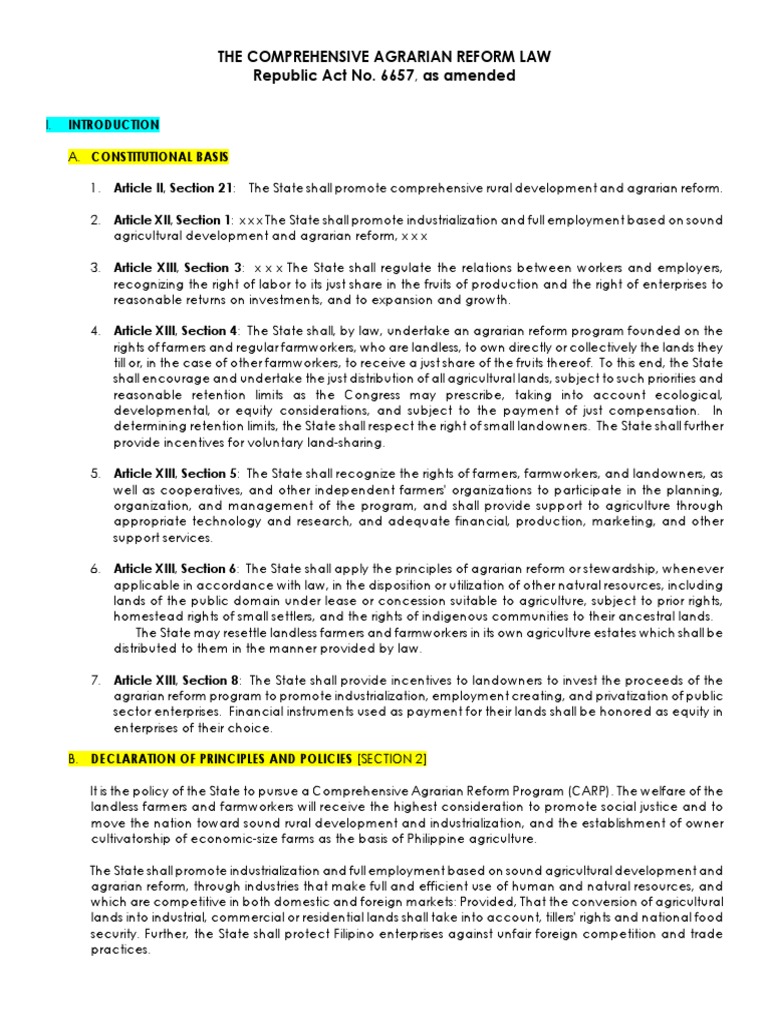 (Outline) The Comprehensive Agrarian Reform Law (Ra 6657, As Amended ...