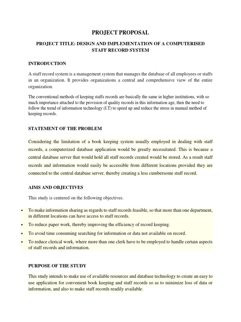 Project Proposal: Project Title: Design and Implementation of A Computerised Staff Record System ...