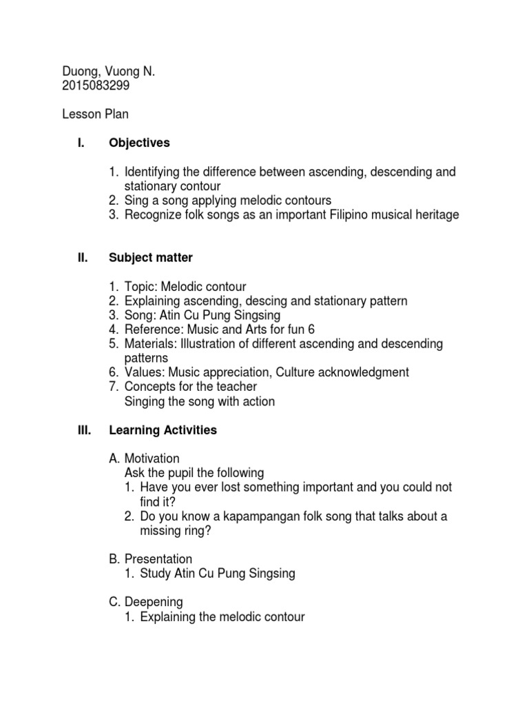 Grade 3 Lesson on Melodic Contours | PDF | Teaching | Psychological ...