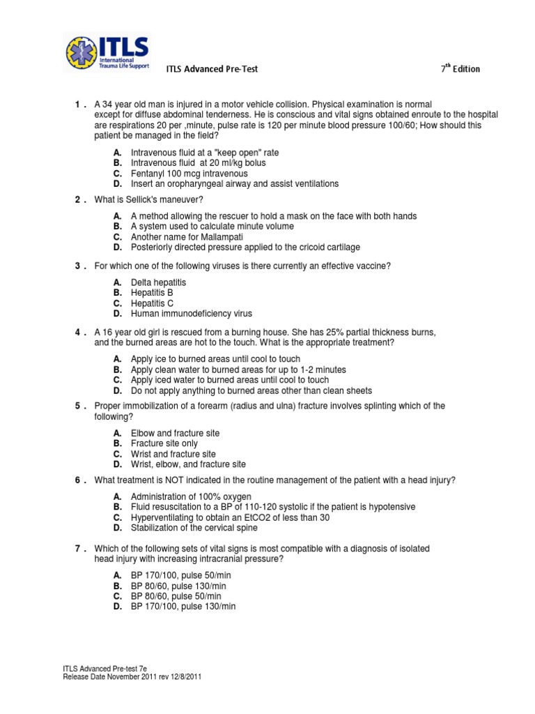 ITLS Advanced Pre-Test PDF | PDF | Shock (Circulatory) | Major Trauma