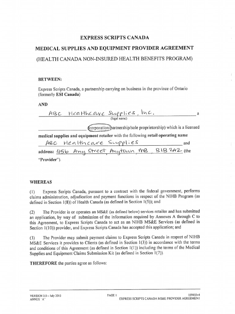 Medical Supplies and Equipment Provider Agreement (Completed Sample ...