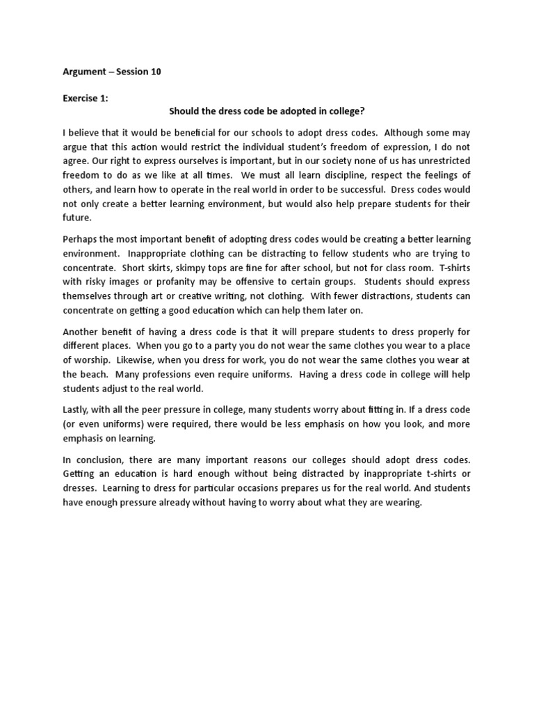 Argument - Session 10 Exercise 1: Should The Dress Code Be Adopted in ...