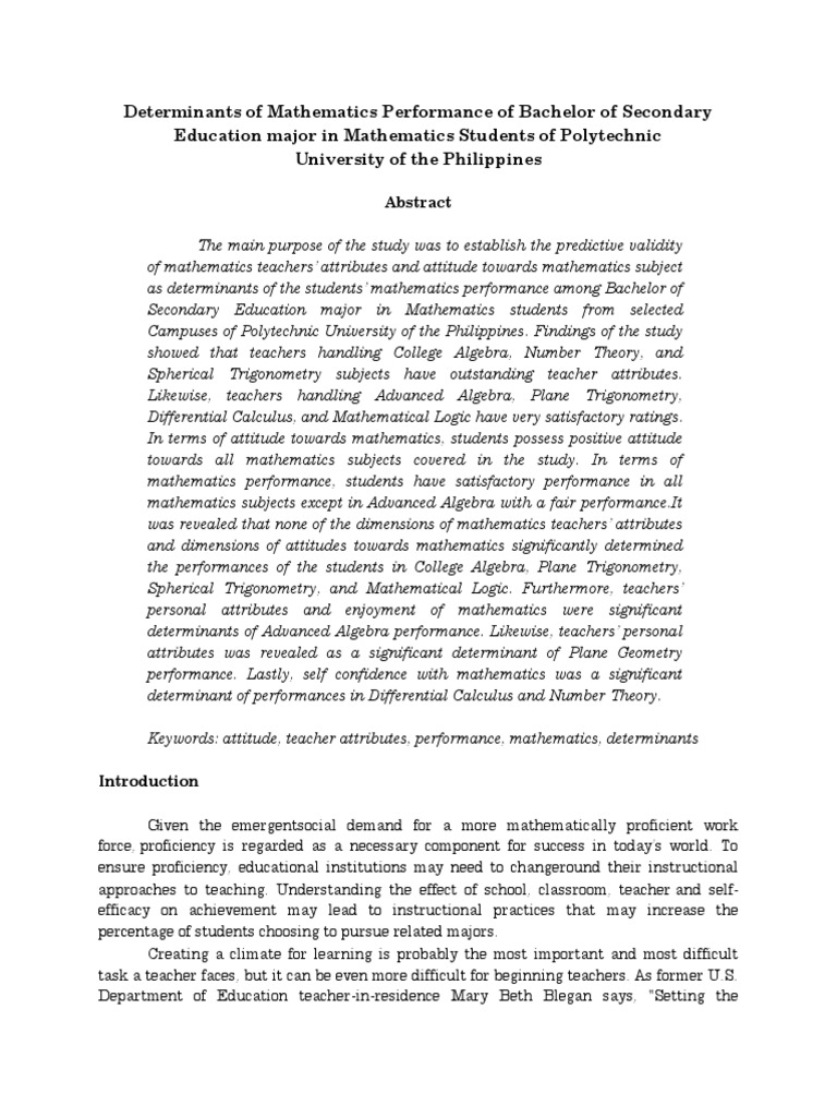 Determinants of Mathematics Performance of Bachelor of Secondary ...