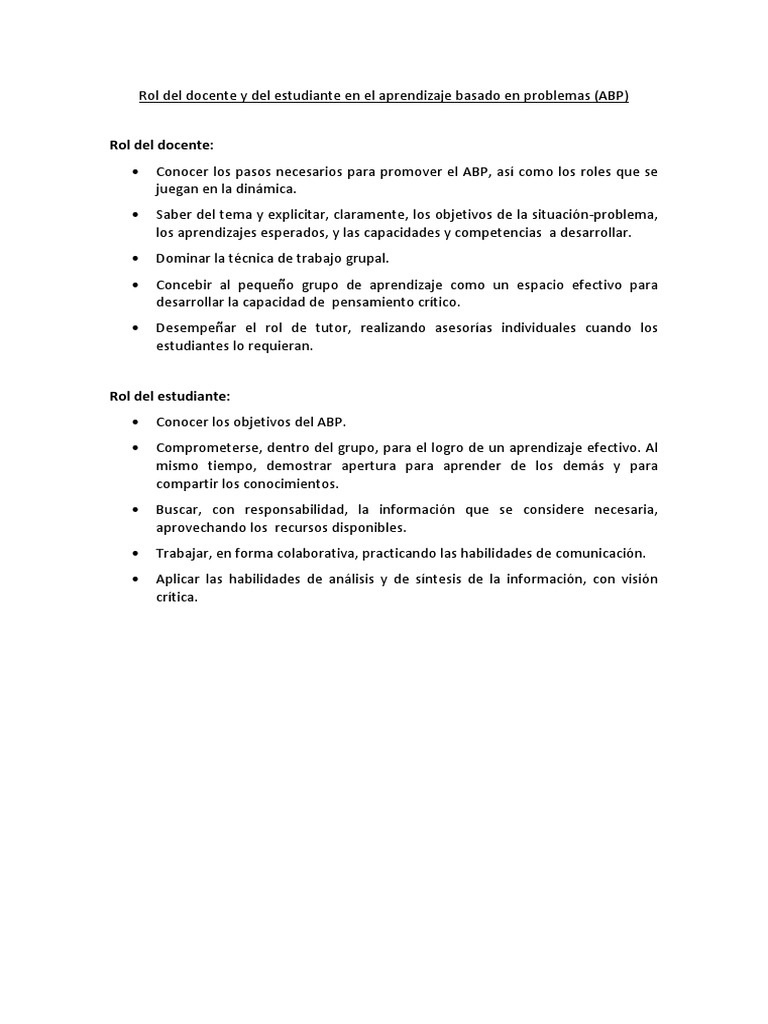 Rol Del Docente y Del Estudiante en El Abp | PDF