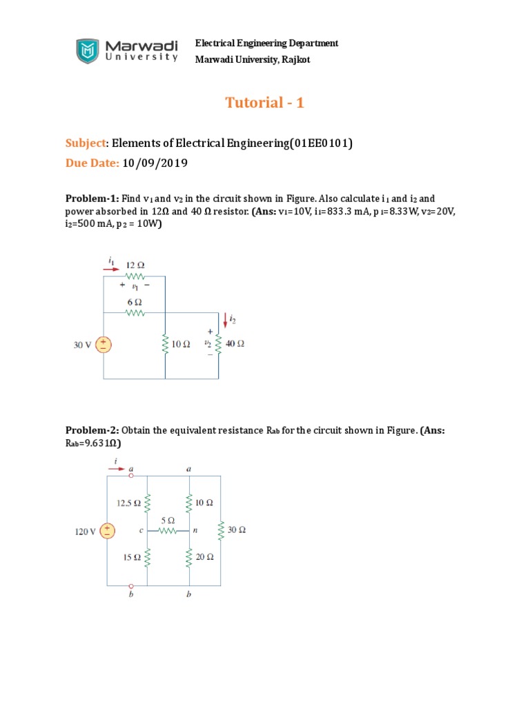 Tutorial - 1:: Elements of Electrical Engineering (01EE0101) 10/09/2019 ...