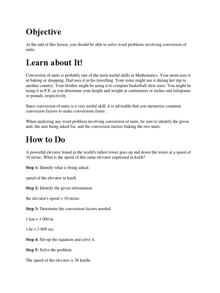 Math Word Problems Conversion of Units | Download Free PDF | Metre | Speed