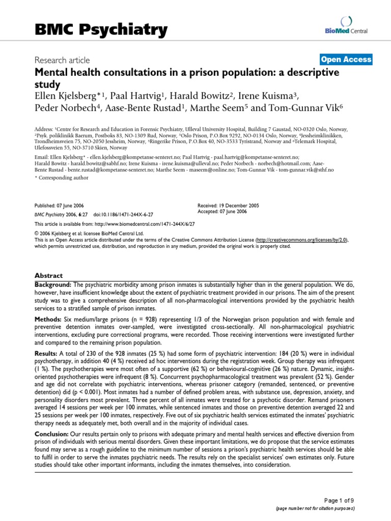 BMC Psychiatry: Mental Health Consultations in A Prison Population: A ...