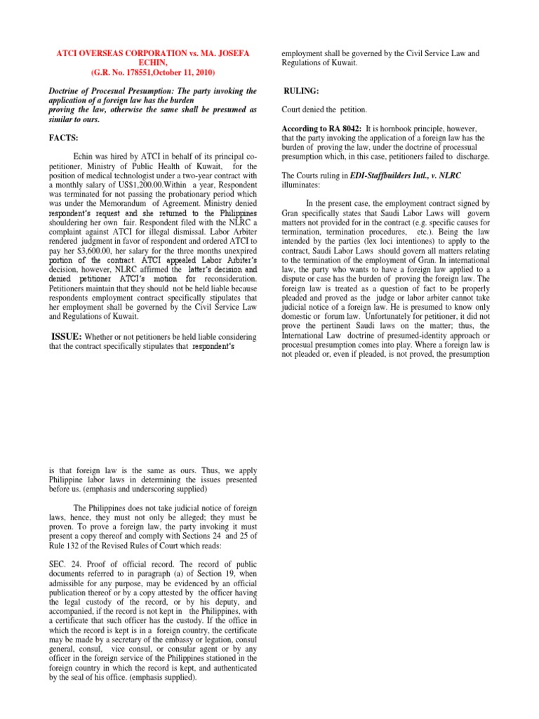 Atci Overseas Corporation Vs Echin | PDF | Consul (Representative) | Judgment (Law)