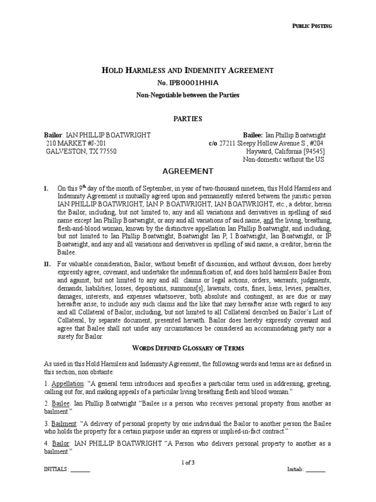 Hold Harmless and Indemnity Agreement - Ian Phillip Boatwright | PDF ...