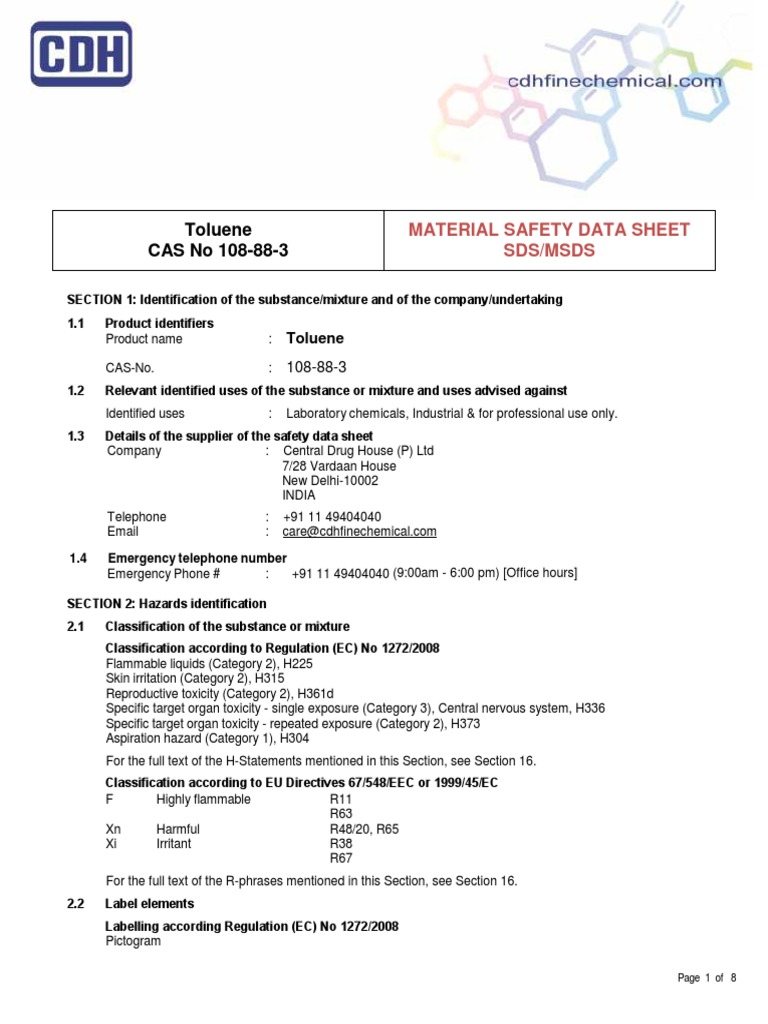 Toluene CAS No 108-88-3: Material Safety Data Sheet Sds/Msds | PDF ...
