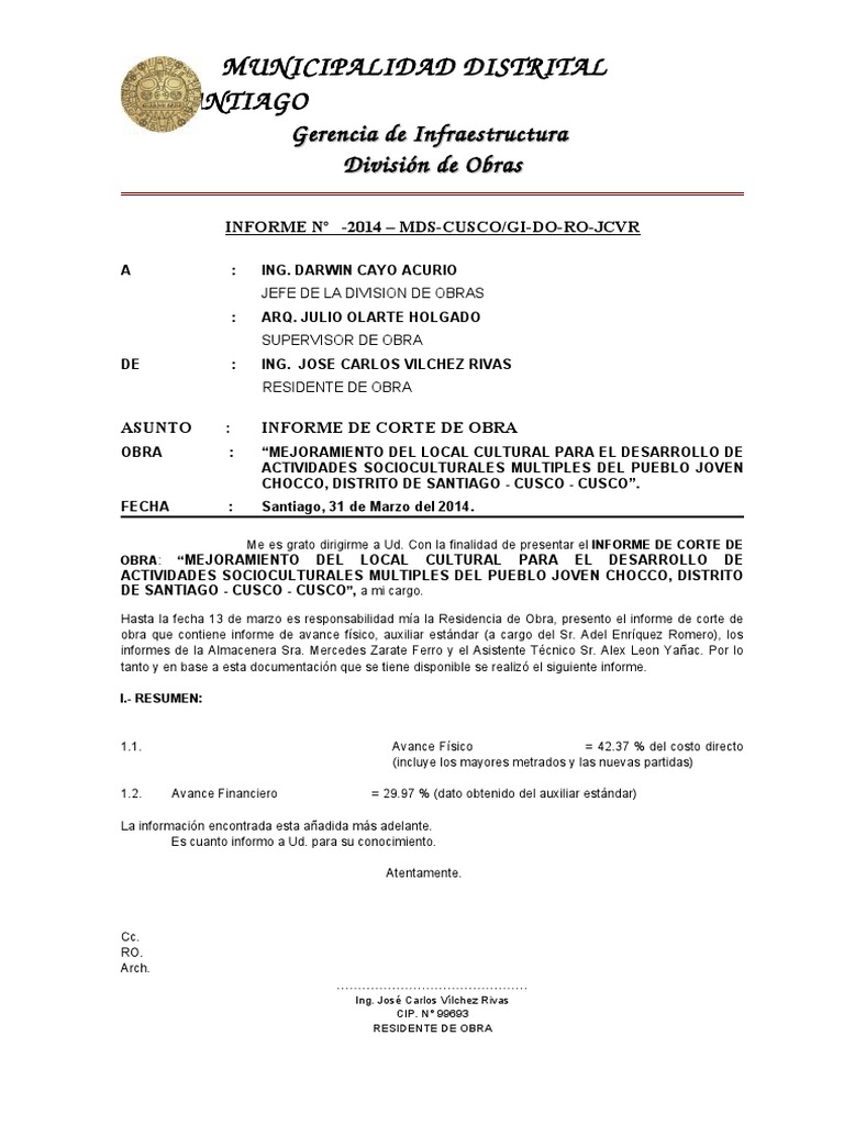 225465050 Informe de Corte de Obra | Fundación (Ingeniería) | Hormigón