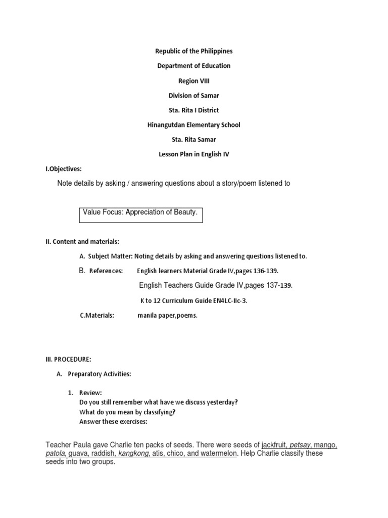 Lesson Plan on Noting Details from Listening to Stories through Asking ...