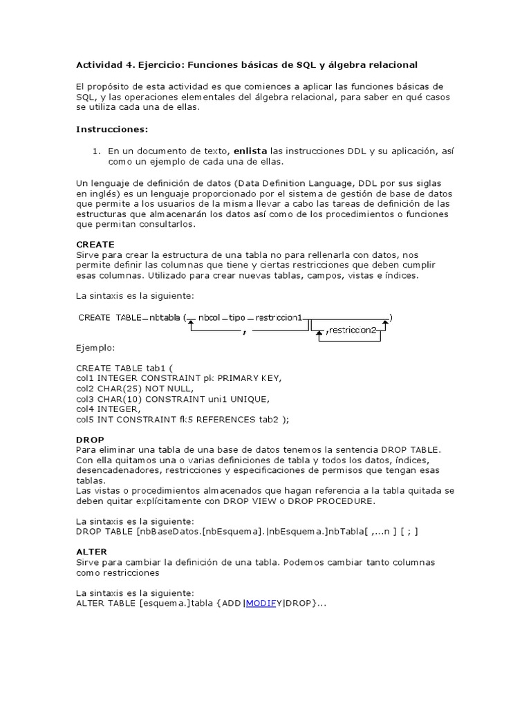 Actividad 4. Ejercicio: Funciones Básicas de SQL y Álgebra Relacional | PDF | SQL | Software de ...