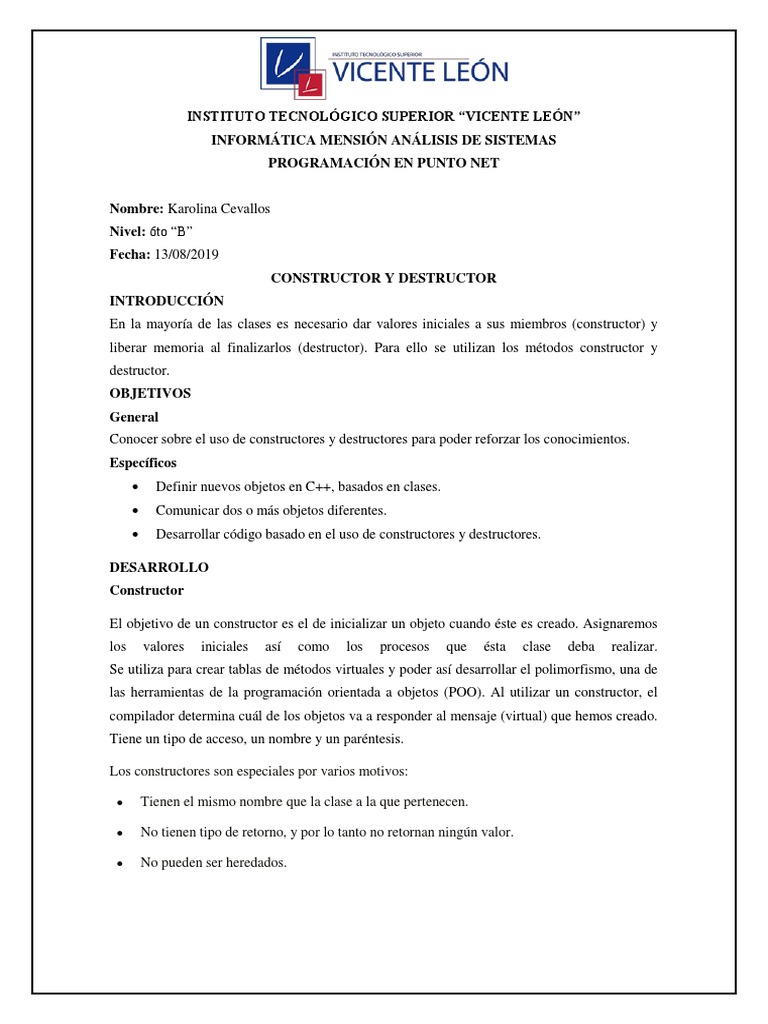 Costructor Y Destructor Pdf Objeto Informática Constructor Programación Orientada A