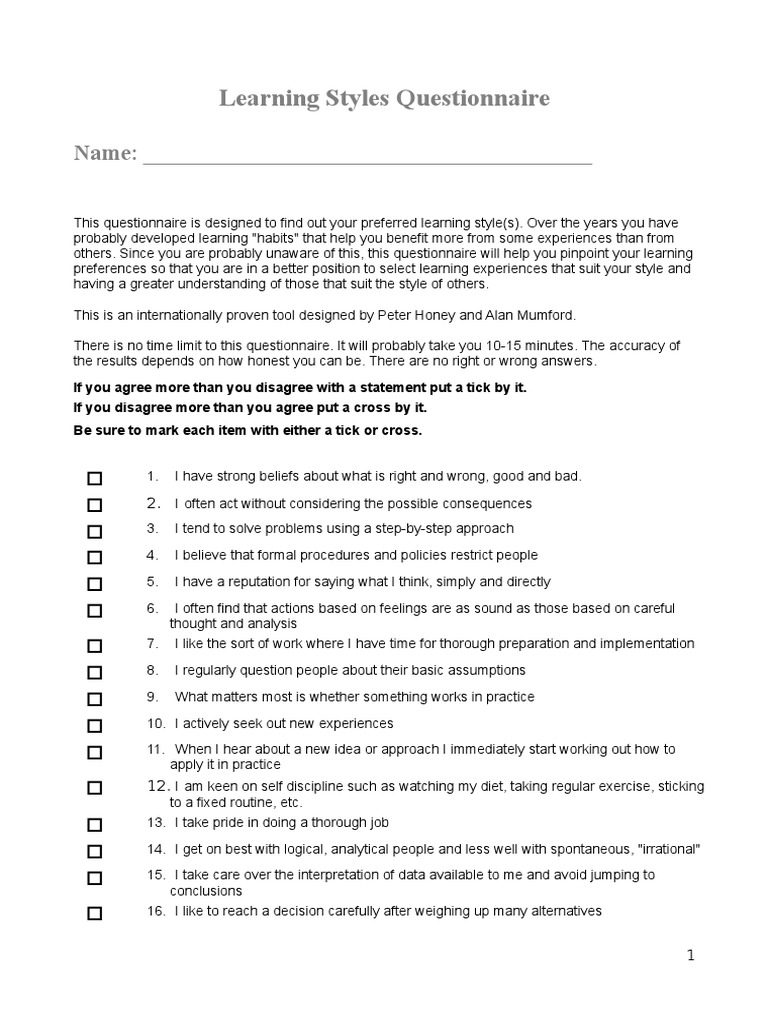 Learning Styles Questionnaire: Identifying Preferred Learning ...