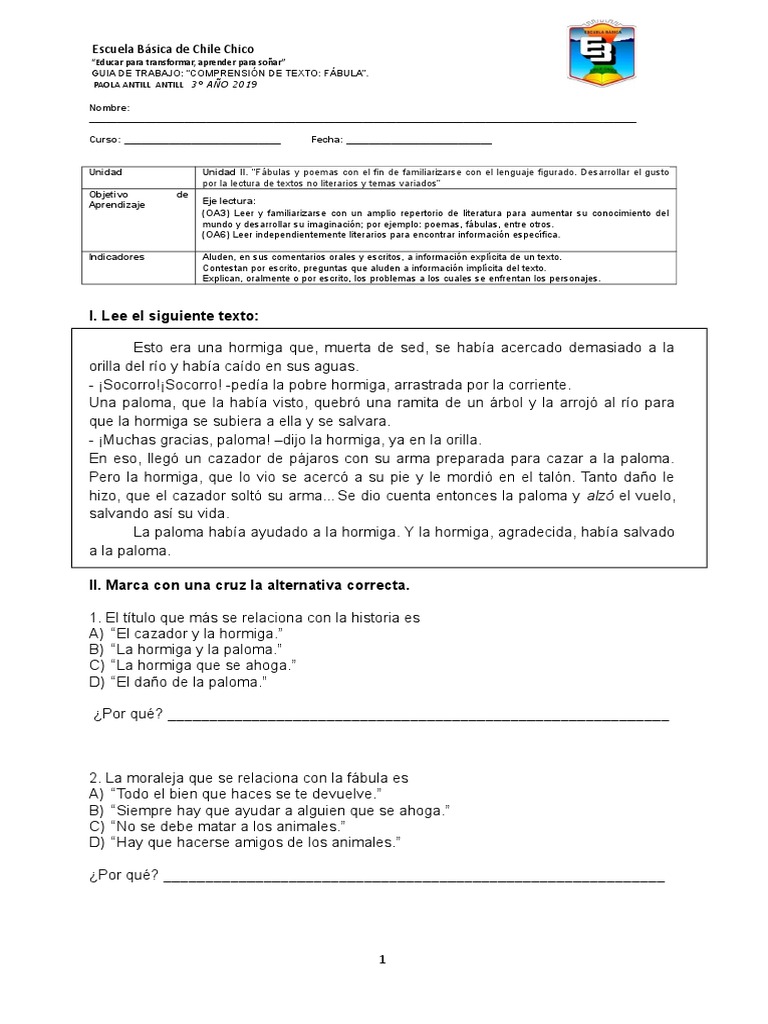 Guía de Comprensión de Fábulas | PDF | Fábula | Columbidae