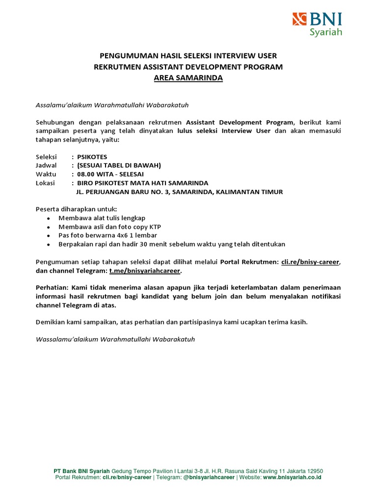 Pengumuman Hasil Seleksi Interview ADP Area Samarinda | PDF