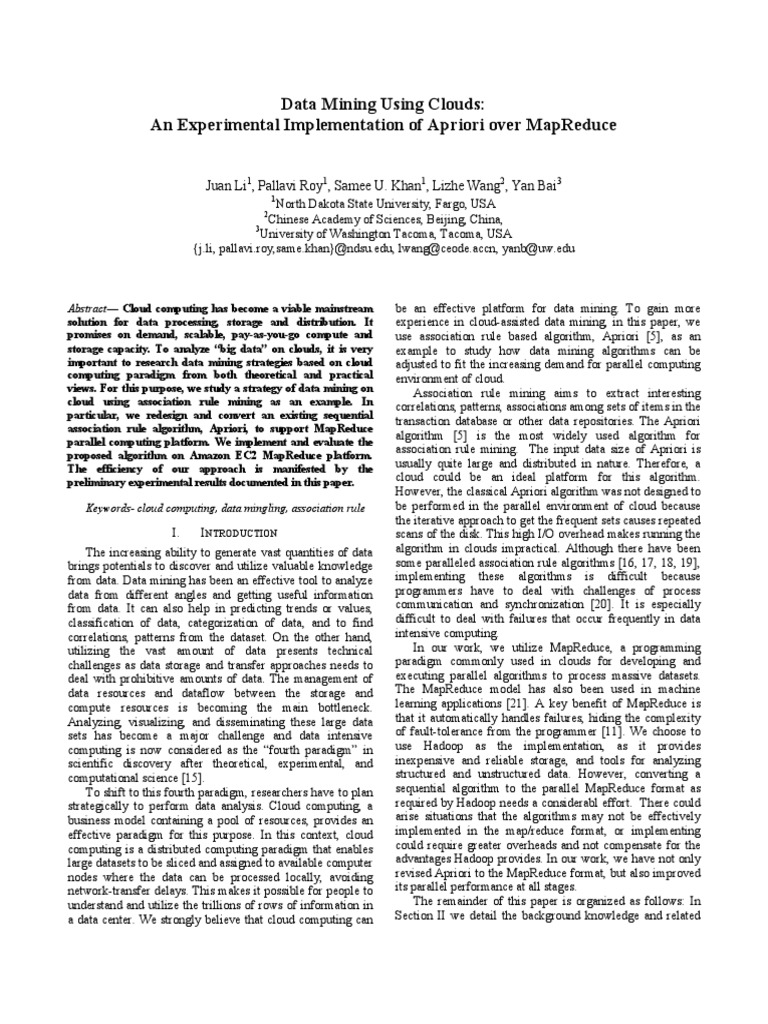 Data Mining Using Clouds: An Experimental Implementation of Apriori Over Mapreduce | PDF ...
