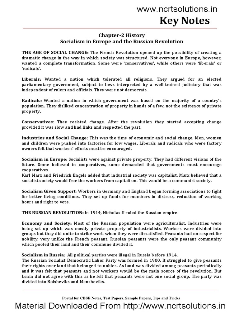 09 Social Science Key Notes History Ch2 Socialism in Europe and Russian ...