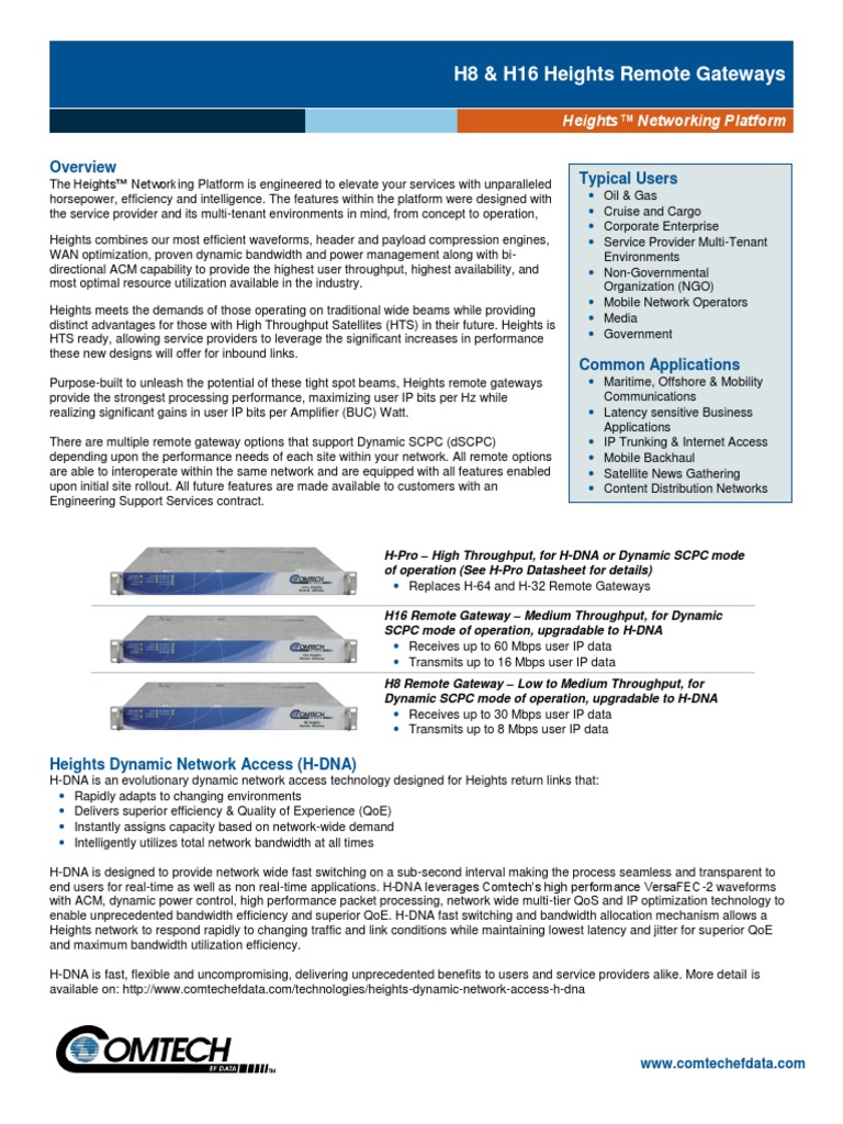 Comtech/EFData H8 & H16 Heights Remote Gateways Datasheet | PDF | Computer Network | Network Switch