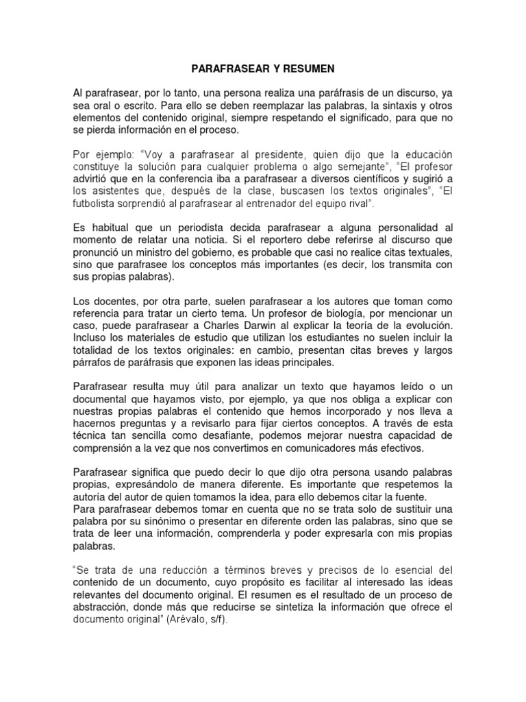 Parafrasear y Resumen | Descargar gratis PDF | Conceptos psicologicos ...