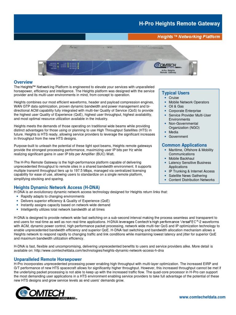 Comtech/EFData H-Pro Heights Remote Gateway Datasheet | PDF | Quality Of Service | Computer Network