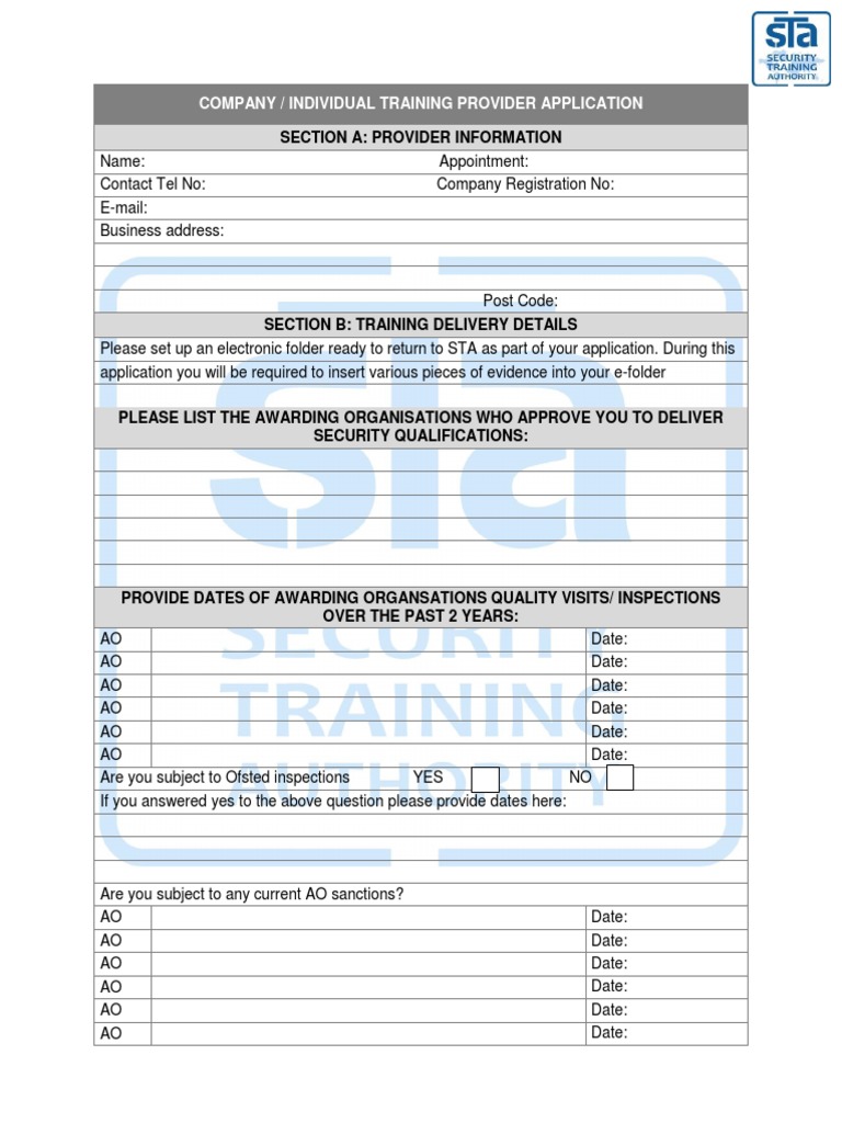 Section A: Provider Information: Company / Individual Training Provider ...