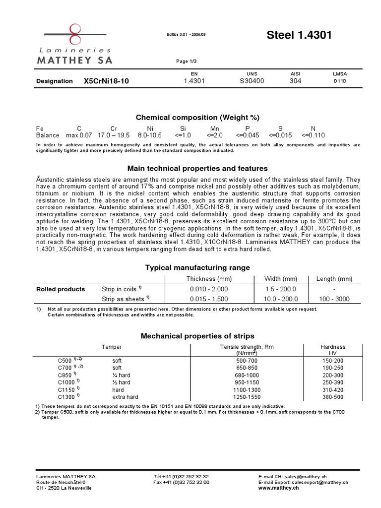 Aço 1.4301 - INOX 304 | PDF | Stainless Steel | Steel
