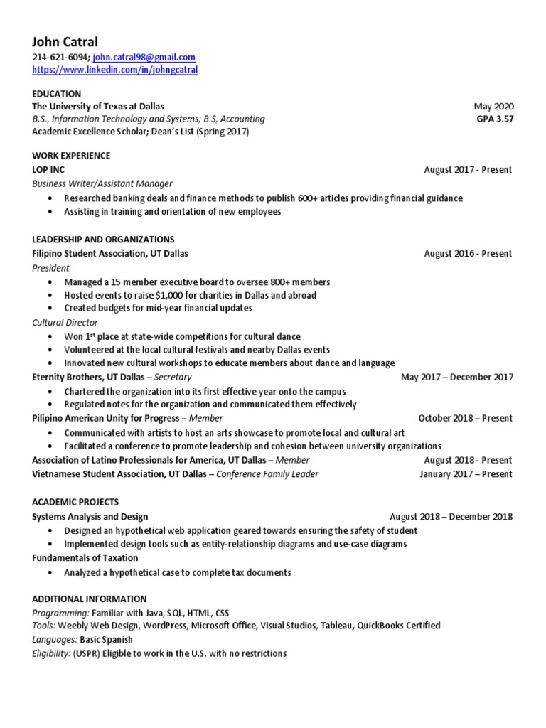 John Catral Resume | PDF | University Of Texas At Dallas | Computing
