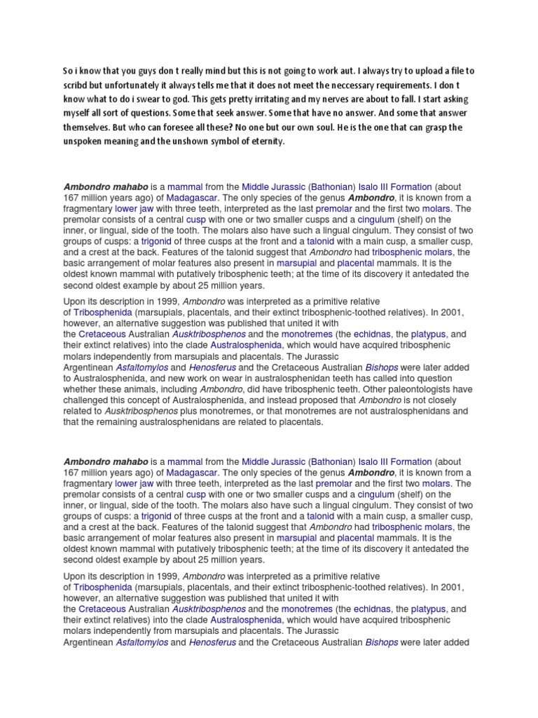 Ambondro Mahabo Is A: Ausktribosphenos | Download Free PDF | Mammal ...