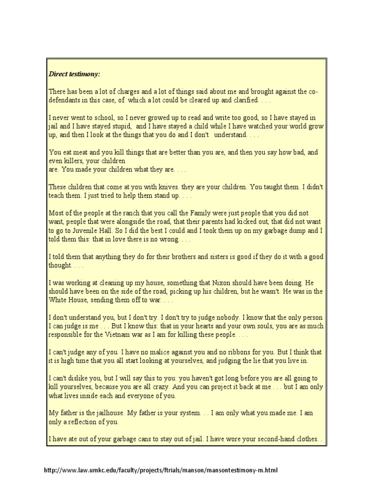 Direct Testimony of Charles Manson | PDF | Charles Manson | Criminal Law