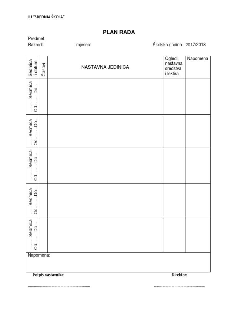 Mjesecni Plan Rada | PDF