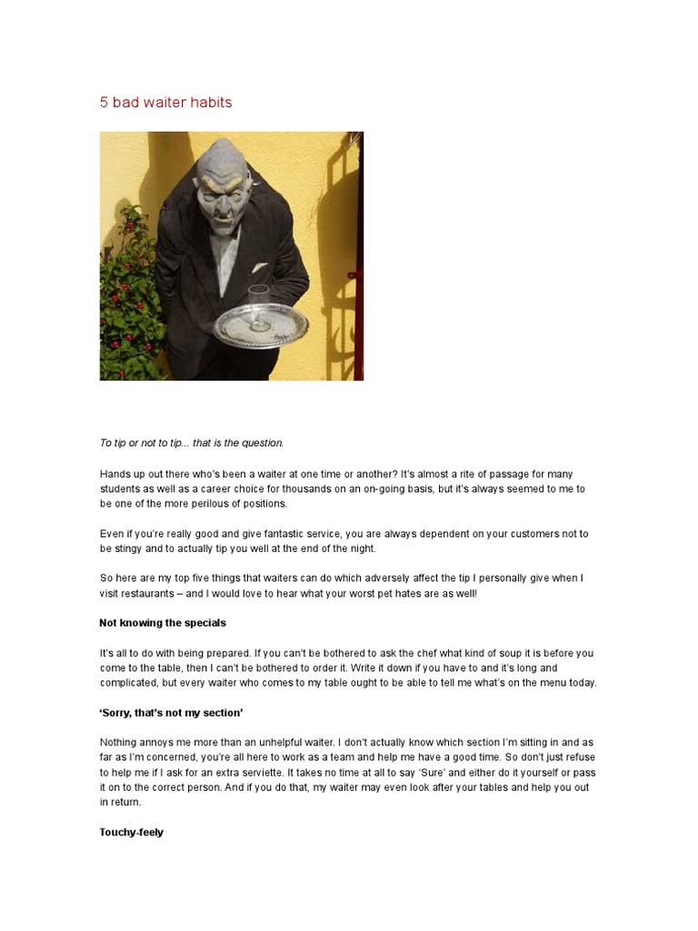 5 Bad Waiter Habits: To Tip or Not To Tip... That Is The Question | PDF ...