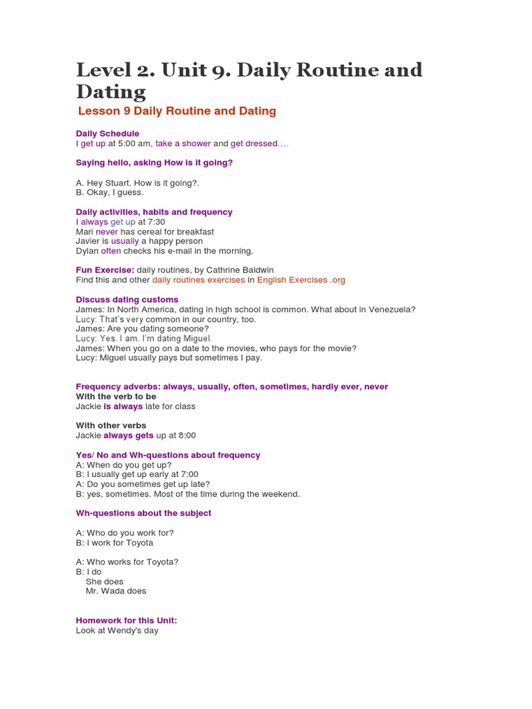 Level 2. Unit 9. Daily Routine and Dating | PDF