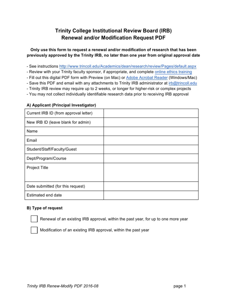 Trinity IRB Renewal/Modification Form | PDF | Institutional Review Board | Business