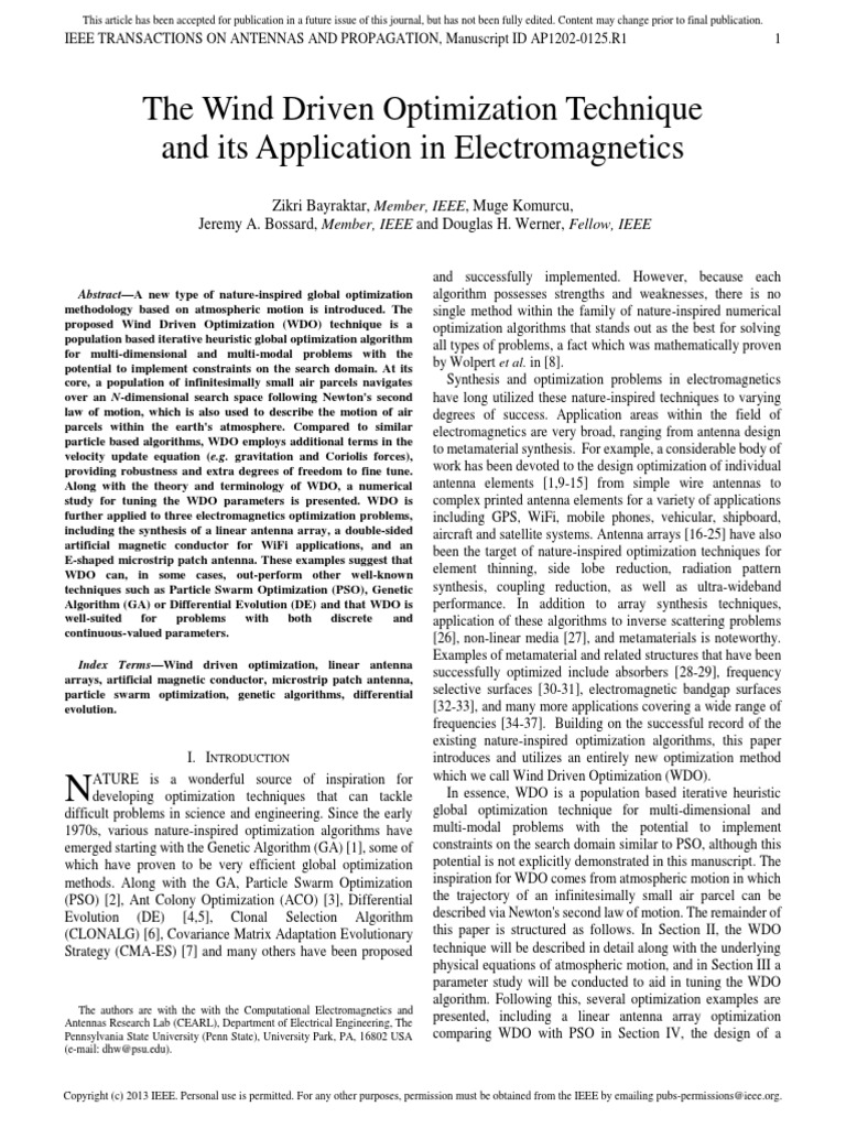 The Wind Driven Optimization Technique and Its Application in Electromagnetics | PDF ...