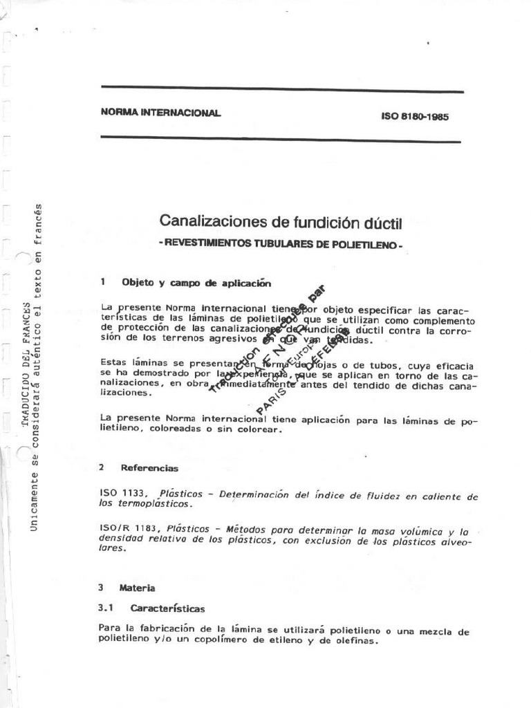 ISO 8180 1985 Mangas de Polietileno para Tuberias de HD SP PDF | PDF