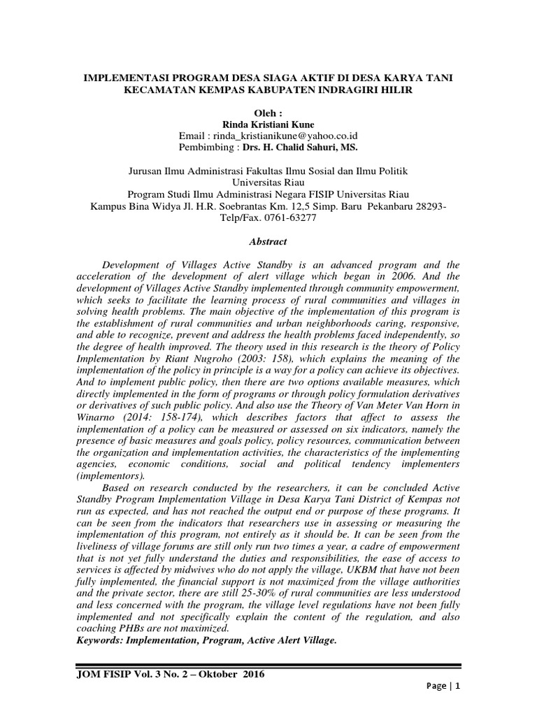 Implementasi Program Desa Siaga Aktif Di Desa Karya Tani Kecamatan ...