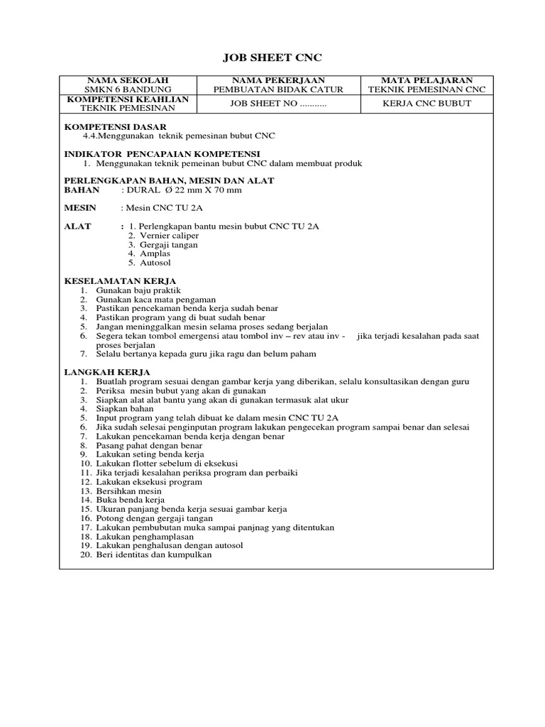 Contoh Job Sheet CNC | PDF