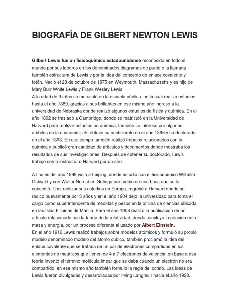 Biografía de Gilbert Newton Lewis | PDF | Química | Química Física
