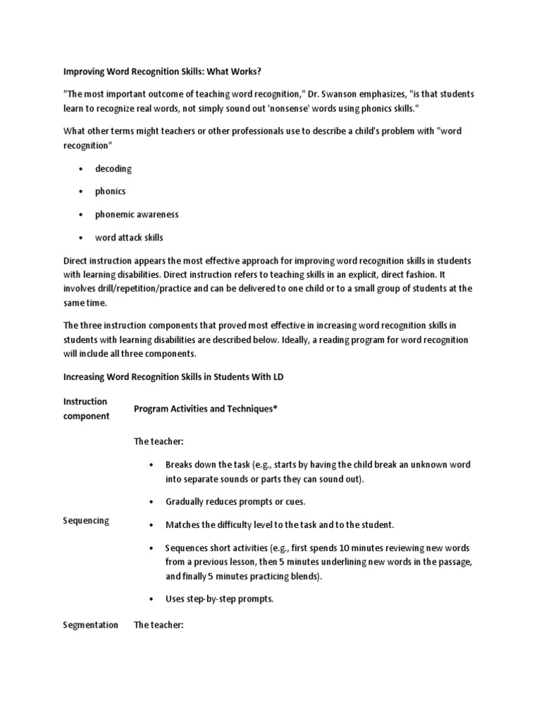 Improving Word Recognition Skills | PDF | Phonics | Reading Comprehension