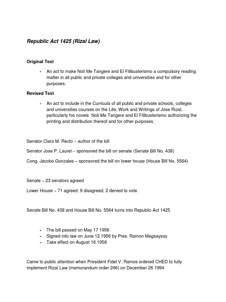 Republic Act 1425 (Rizal Law) | PDF