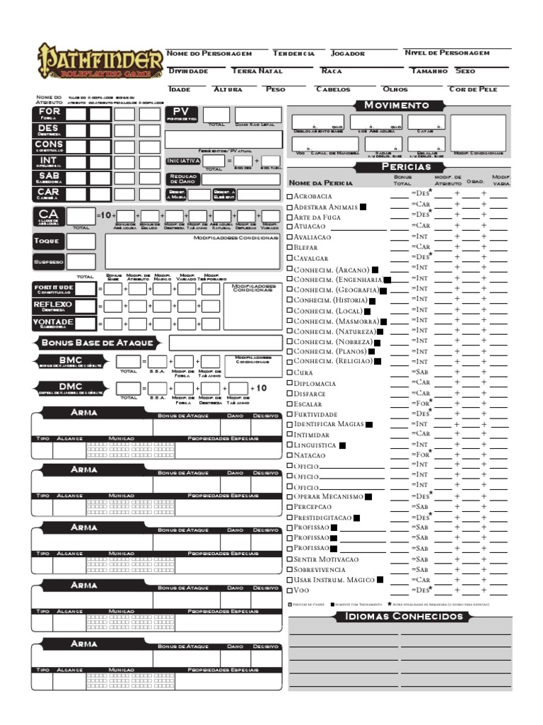 Ficha de Personagens Pathfinder EDITTÁVEL - GERAL (Melhorada) PDF | PDF