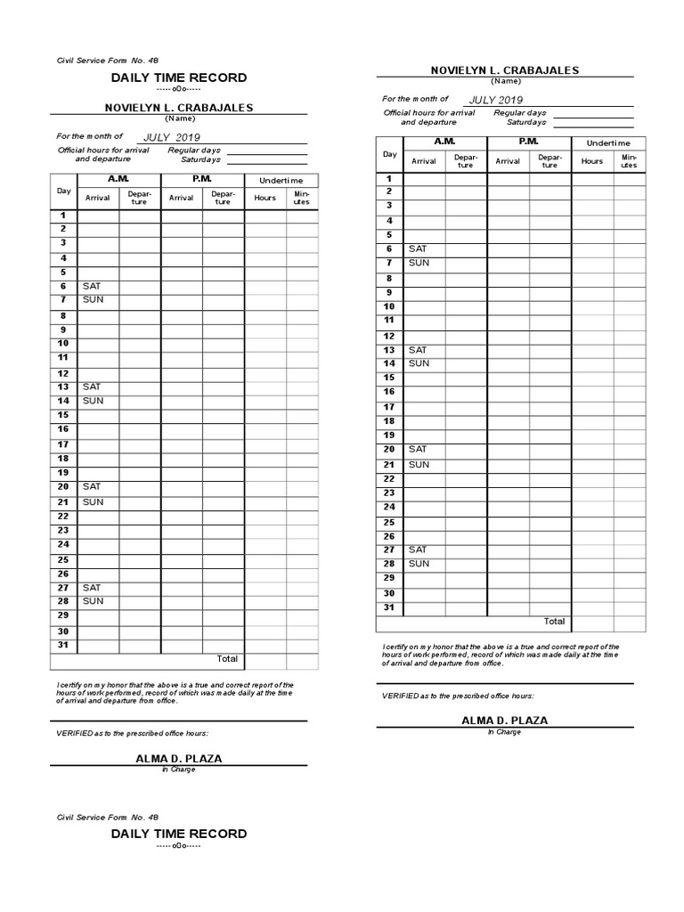CSCForm48 DailyTimeRecord (DTR) | PDF | Teaching Mathematics