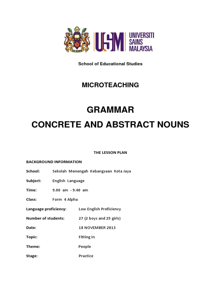 Teaching Concrete and Abstract Nouns | PDF | Lesson Plan | Teachers