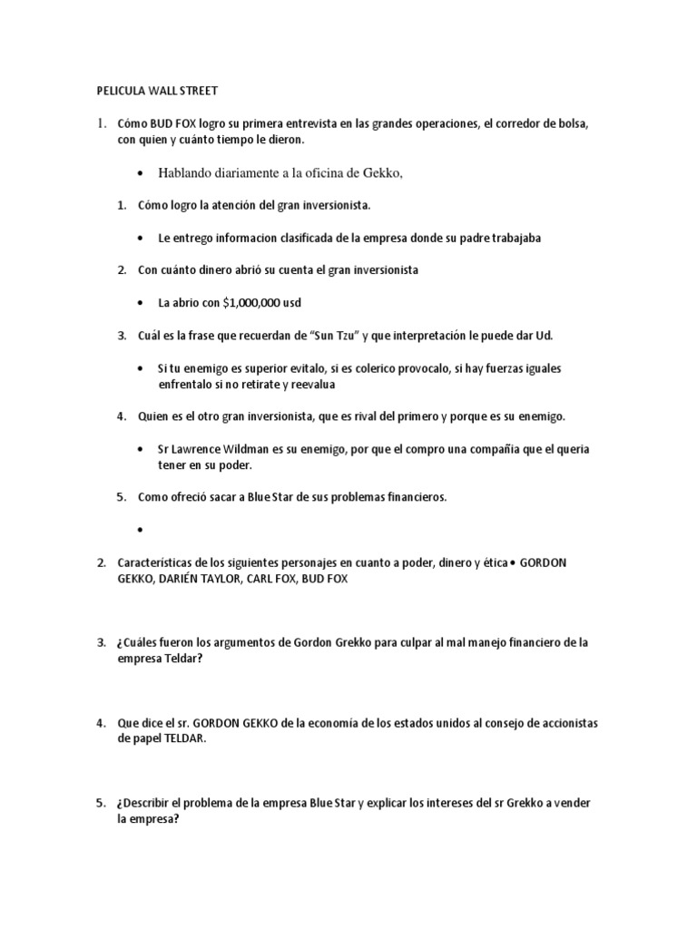 Preguntas Sobre La Pelicula Wall Street | PDF | Juegos y actividades